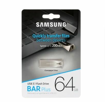 Память USB Flash 64 ГБ Samsung BAR Plus (MUF-64BE3/APC) - USB 3.2 Gen1, до 200 Мбайт/сек, монолит, металл
