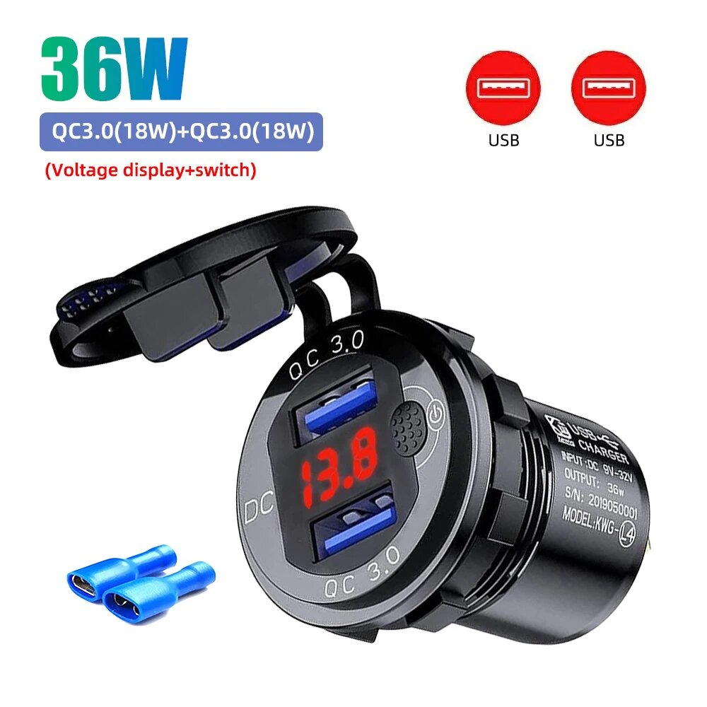 Алюминиевый 63 Вт PD и QC 3.0 с двумя USB-разъемами для автомобильного зарядного устройства, адаптер питания 12 В/24 В, адаптер для зарядки, водонепроницаемые порта быстрой зарядки, Red Dual USB