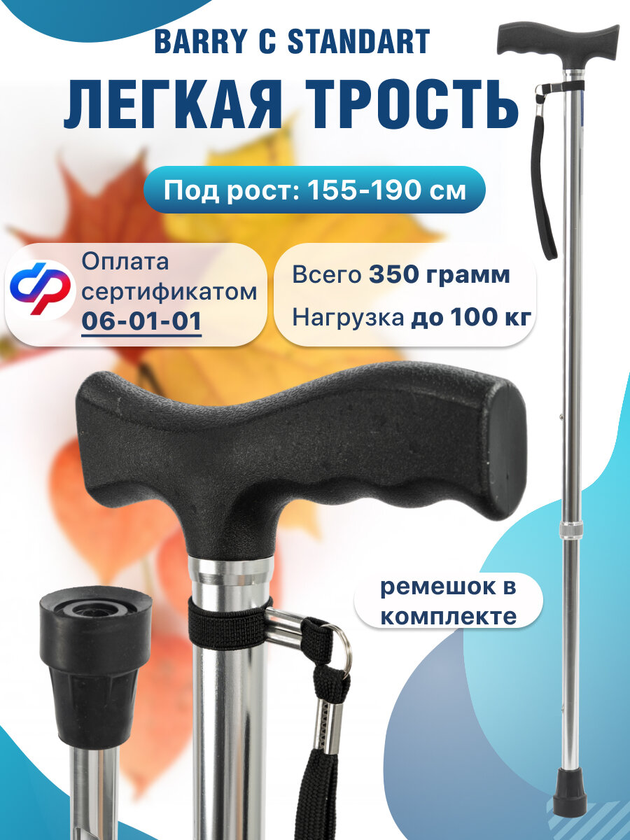 Трость опорная под рост 155-190 см для ходьбы для пожилых цвет хром Т-образная ручка C Standart