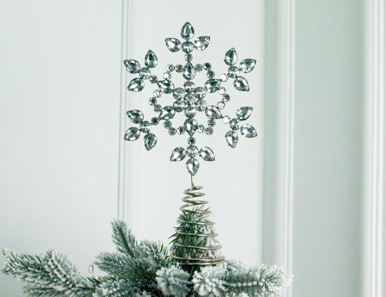 Верхушка на елку снежинка В алмазах-листочках, стекло, металл, серебряная, 26 см, Koopman International A72100480-2
