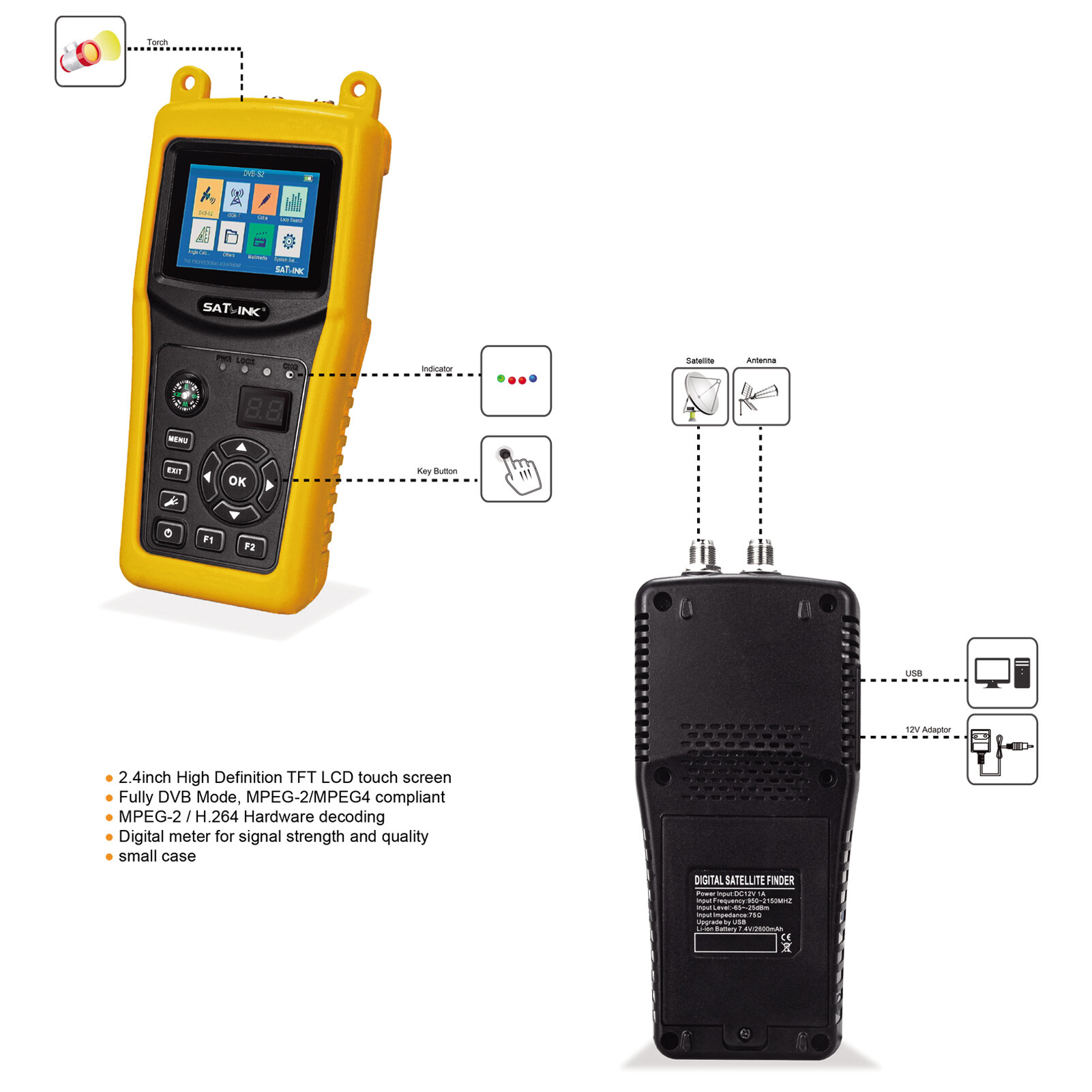 Цифровой спутниковый сигнализатор Satlink ST-5032 с экраном 2,4 дюйма, поддержка DVB-S2/S, ISDB-T, для установки спутниковых антенн