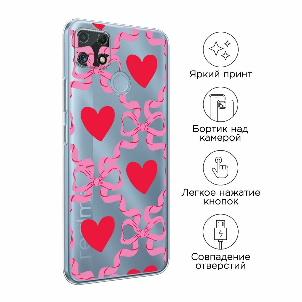 Чехол на Realme C25/C25s / Реалми С25/C25s с принтом "Hearts and ribbons 2 - 14 февраля", прозрачный — фото 1