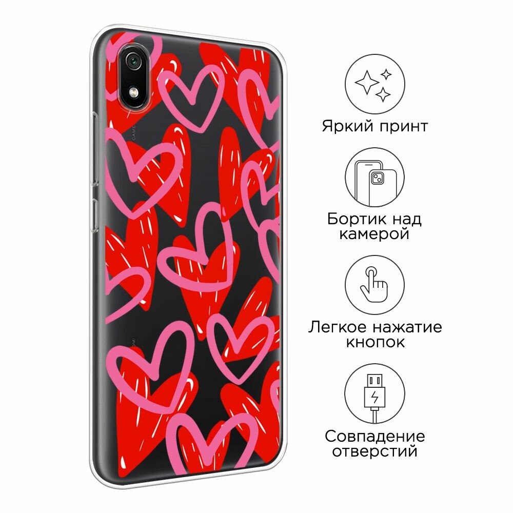 Чехол на Xiaomi Redmi 7A / Сяоми Редми 7А с принтом "Hearts doodles - 14 февраля", прозрачный — фото 1