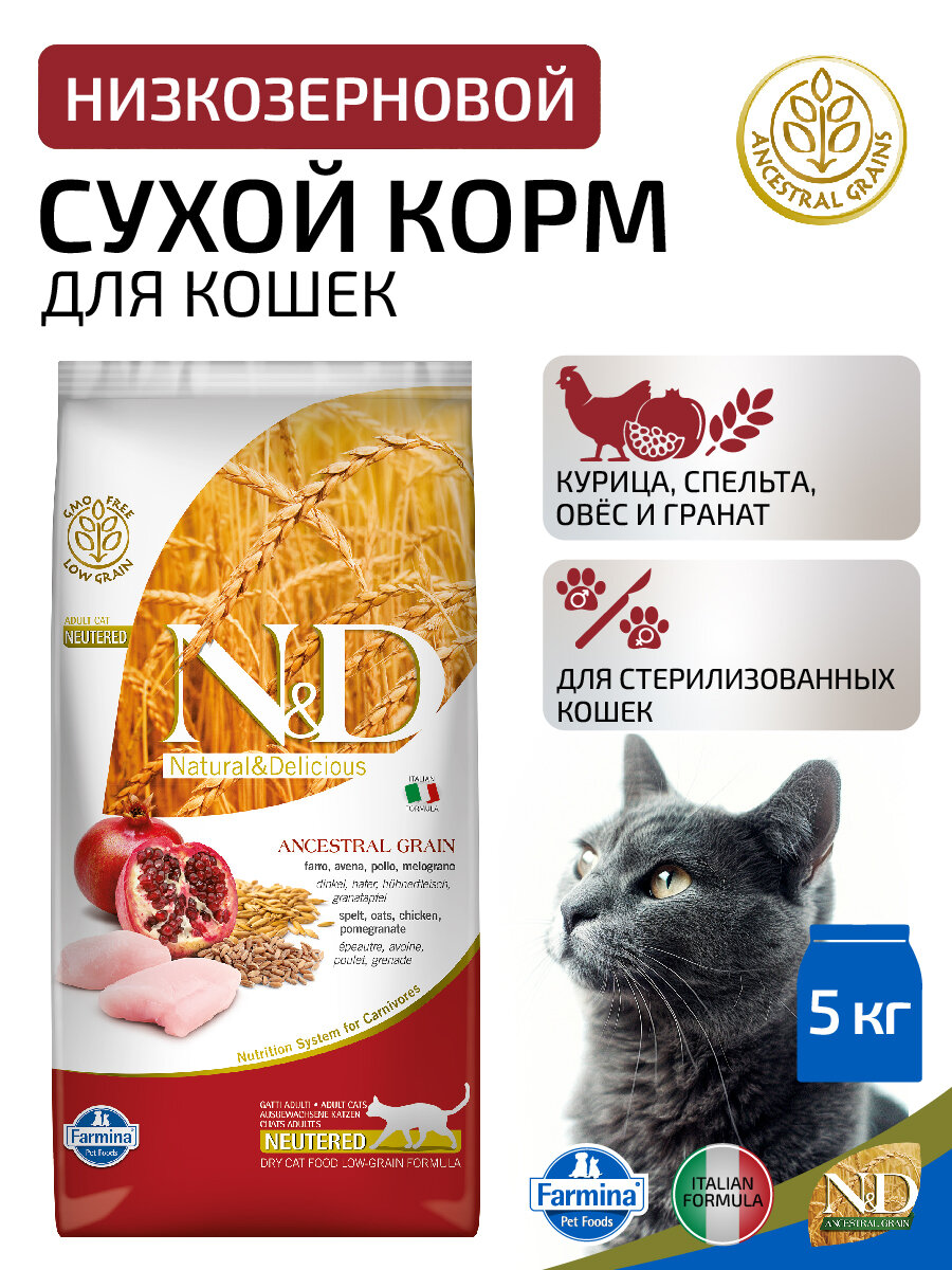 Сухой низкозерновой корм для стерилизованных кошек Farmina N&D Ancestral Grain Neutered, курица и гранат, 5 кг. Срок годности 22.06.26г.