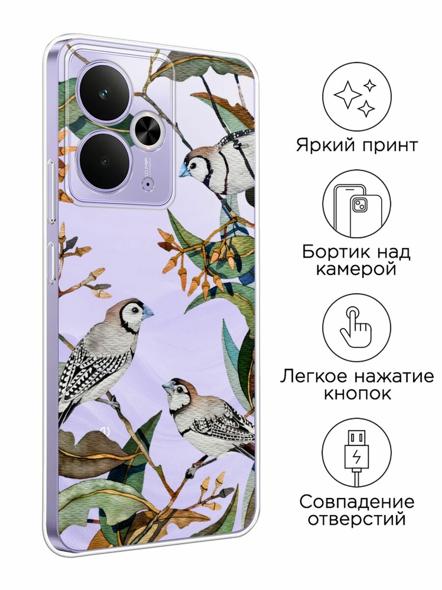 Чехол на Realme 14T / Реалми 14Т с принтом "Птицы в листве", прозрачный — фото 1