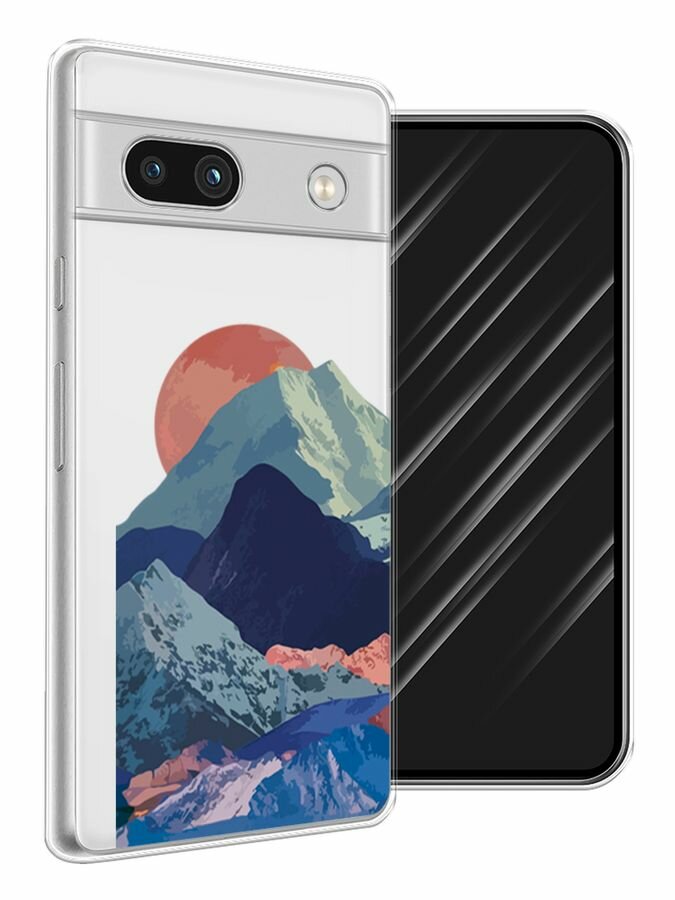 Чехол на Google Pixel 7a / Гугл Пиксель 7a с принтом "Закат в снежных горах", прозрачный