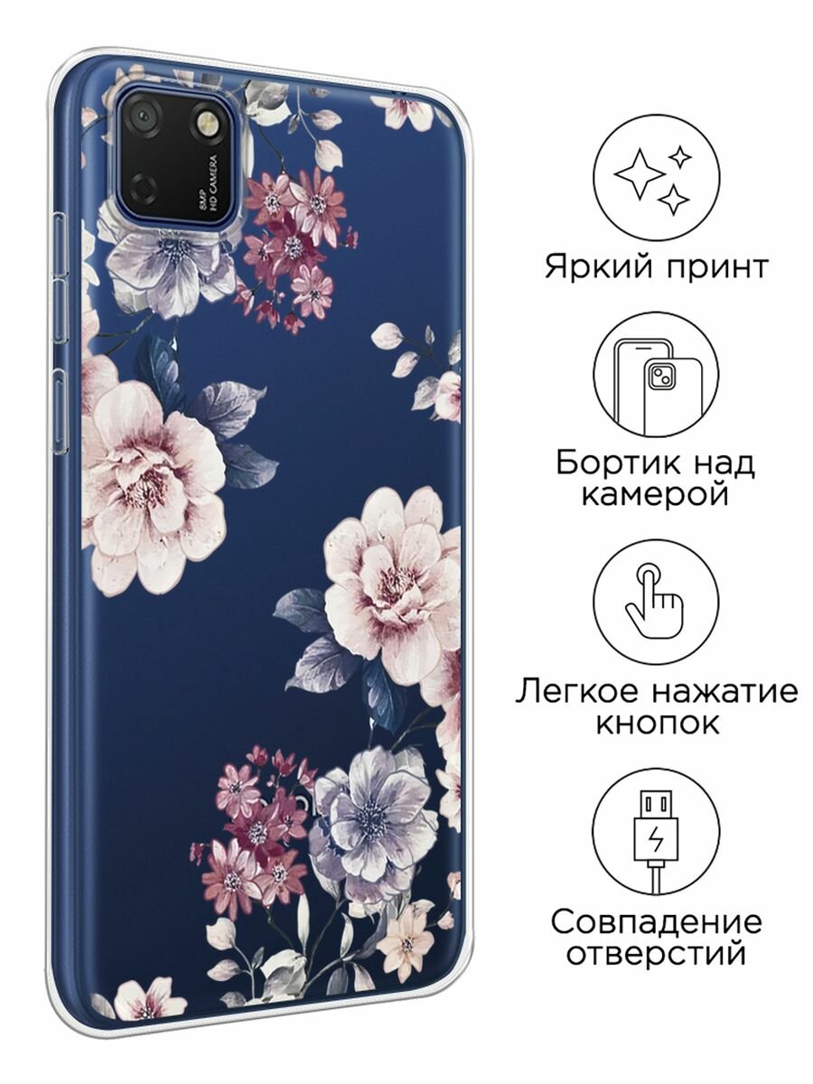 Чехол на Honor 9S/Huawei Y5p / Хонор 9S/Хуавей Y5p с принтом "Нежные винтажные цветы", прозрачный — фото 1