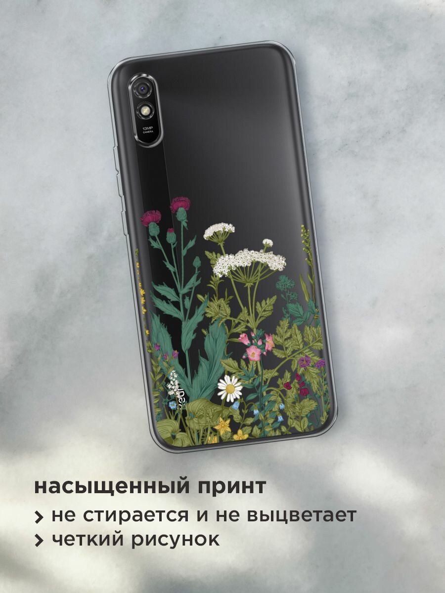 Чехол на Xiaomi Redmi 9A / Сяоми Редми 9А с принтом "Дикие полевые цветы", прозрачный — фото 1