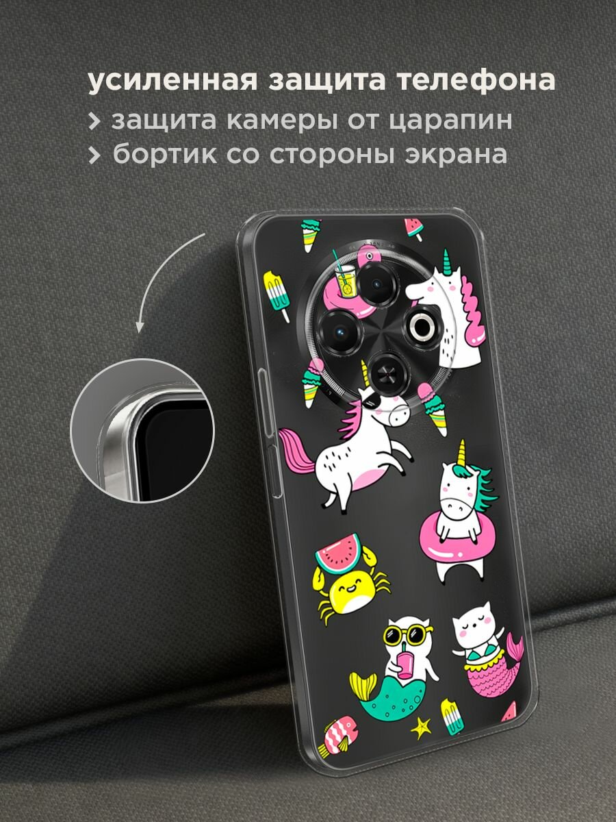 Чехол на Tecno Spark 30C / Текно Спарк 30C с принтом "Единороги в отпуске", прозрачный — фото 1
