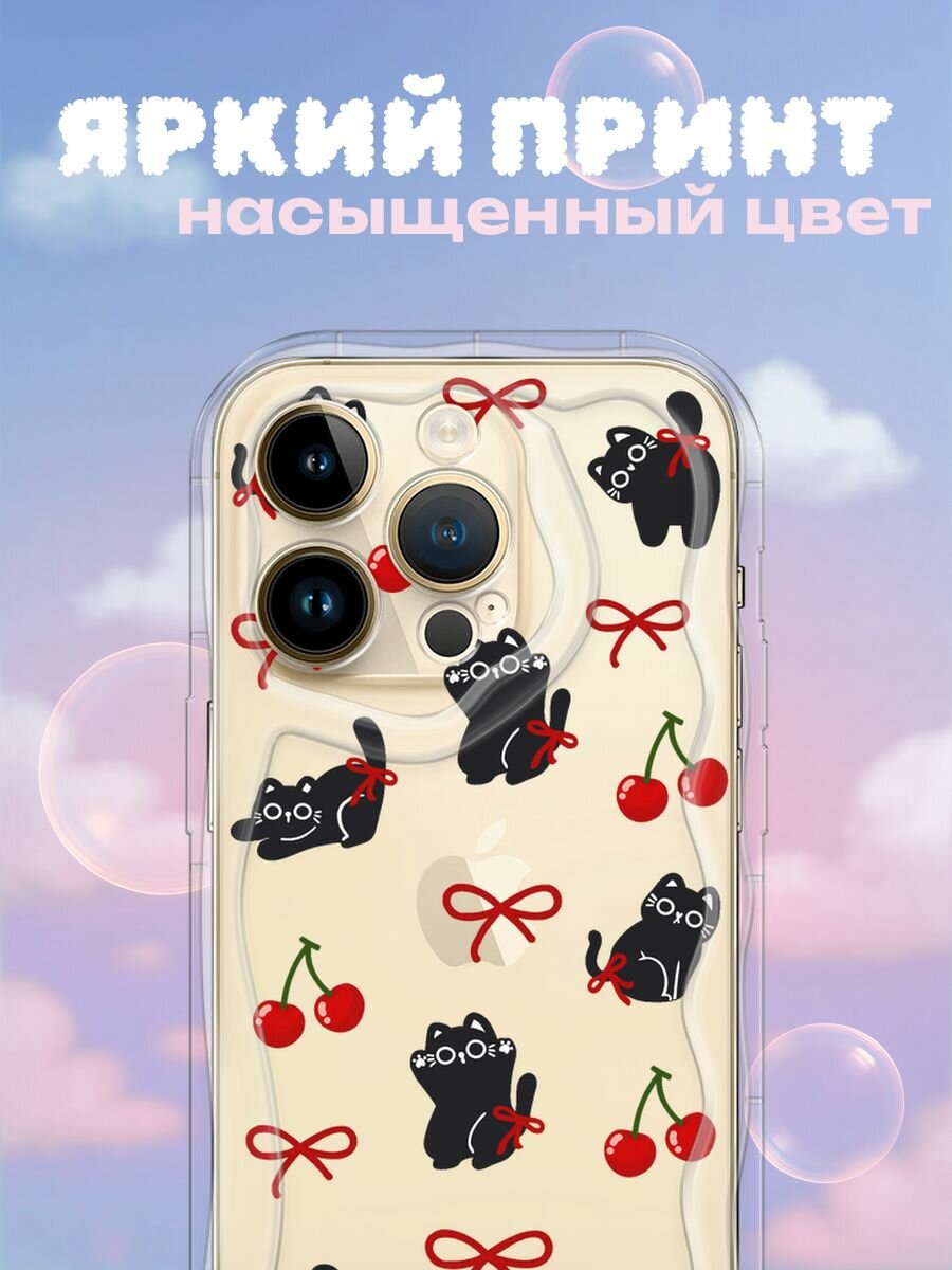 Чехол на Apple iPhone 14 Pro / Айфон 14 Про с принтом "Котик, вишня и бантики" — фото 1