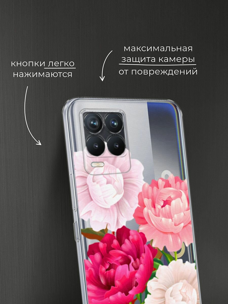 Чехол на Realme 8/8 Pro / Реалми 8/8 Про с принтом "Большие пионы", прозрачный — фото 1