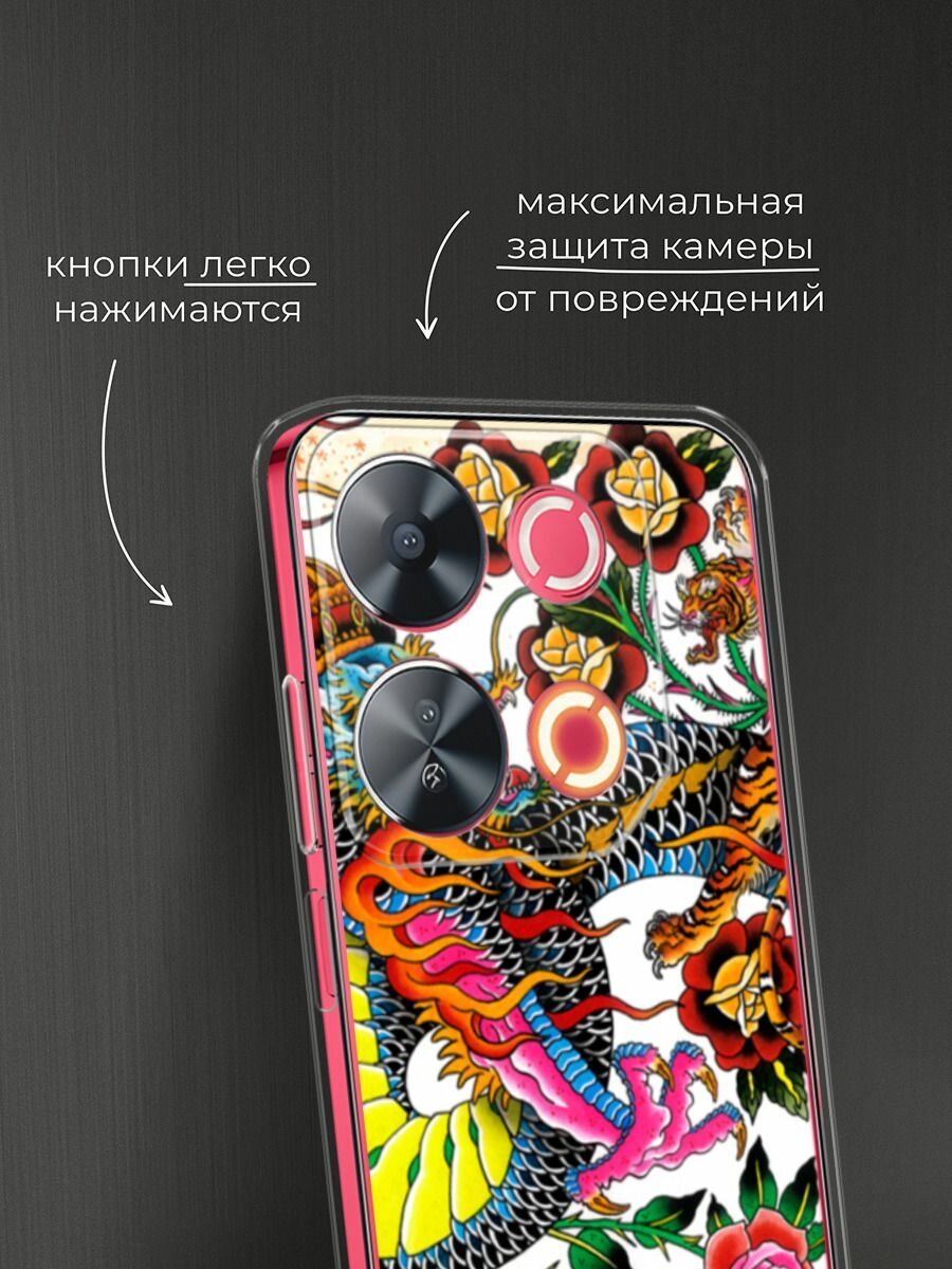 Силиконовый чехол на Itel P65 / Ител P65 с принтом "Дракон в цветах" — фото 1