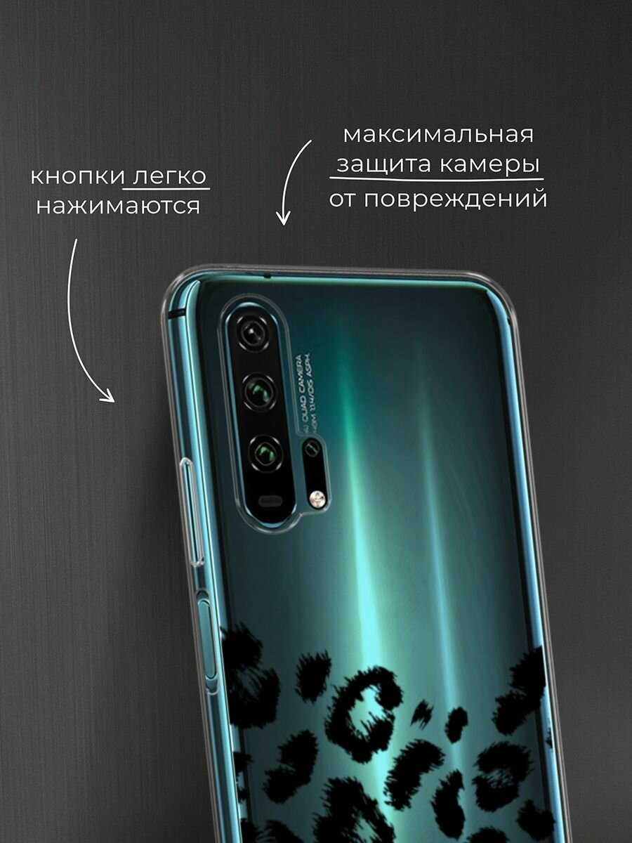 Чехол на Honor 20 Pro / Хонор 20 Про с принтом "Окрас леопарда фон черный", прозрачный — фото 1