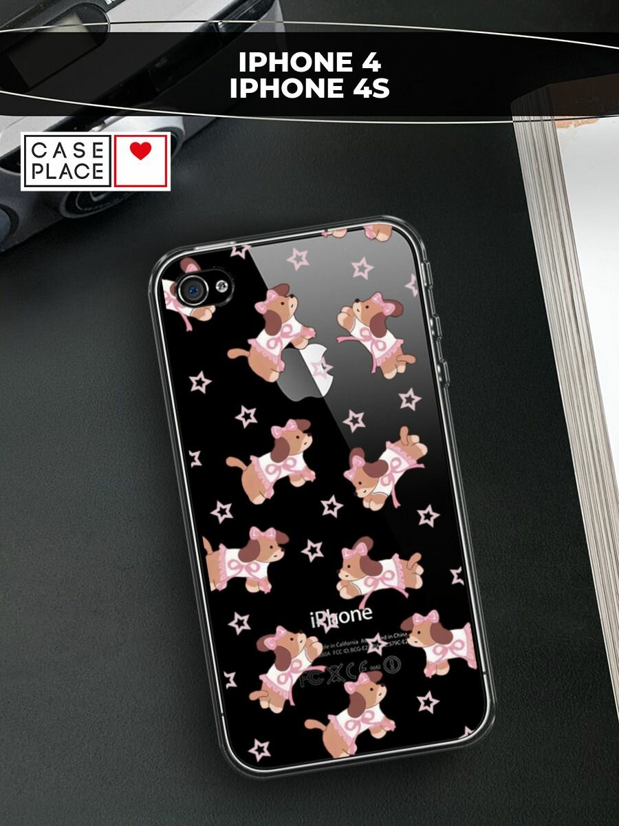 Чехол на Apple iPhone 4/4S / Айфон 4/4S с принтом "Милый щенок с бантиком", прозрачный