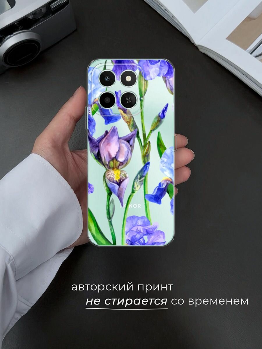 Чехол на Honor X6c / Хонор X6c с принтом "Синие ирисы", прозрачный — фото 1