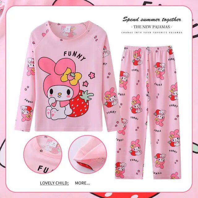 Милый детский пижамный костюм Sanrio Cinnamoroll Hello Kitty, одежда для сна Kuromi Melody для девочек и мальчиков, осенний домашний костюм с длинными рукавами, подарки, Размер: 10 (105-115 см)
