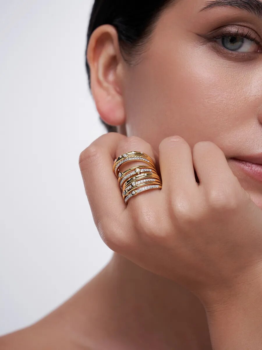 Кольцо широкое, серебро, 925 проба, золочение, циркон