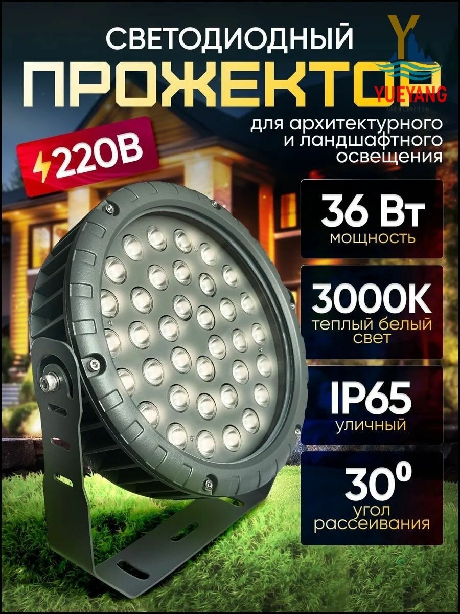 Прожектор для архитектурного и ландшафтного освещения 220V 36W 3000К теплый белый, угол 30 градусов