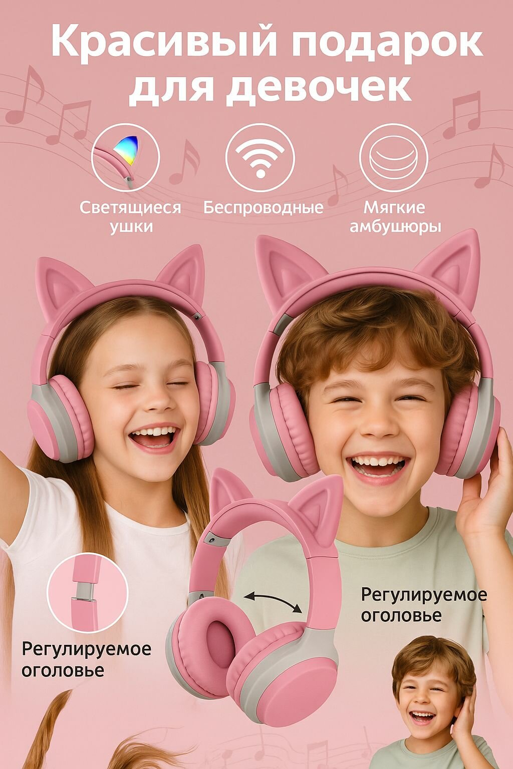 Детские наушники с ушками, беспроводные, мягкие амбушюры и долгий заряд