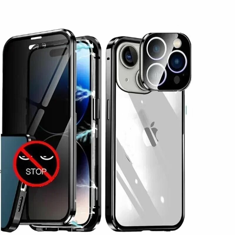 Чехол на Apple iPhone 12(Айфон 12), с Магнитный Металлобампер, Закаленное Стекло с Приватностью и Защита Камеры, Черный