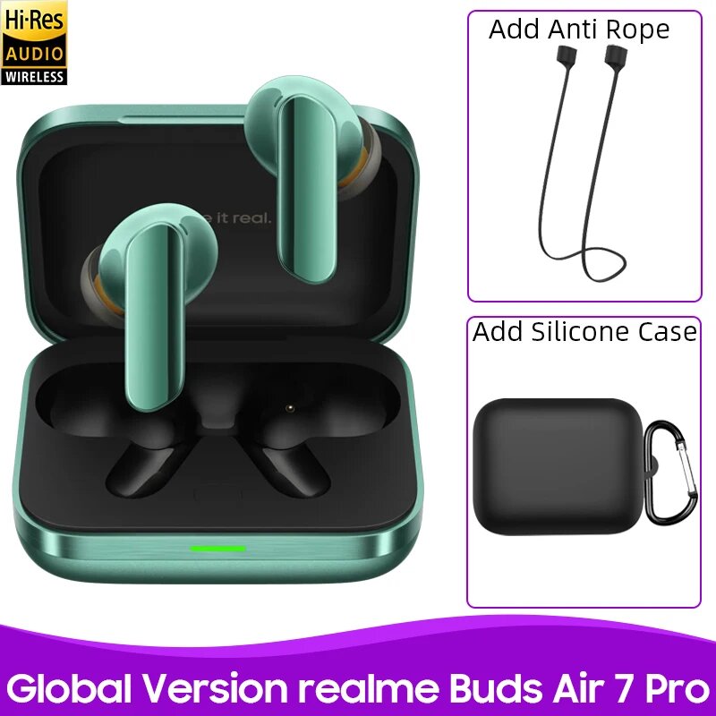 Глобальная версия Realme Buds Air 7 Pro True Беспроводные наушники 53 дБ с активным шумоподавлением Bluetooth 5,4 Наушники 48 часов батареи RacingGreennBlaCase