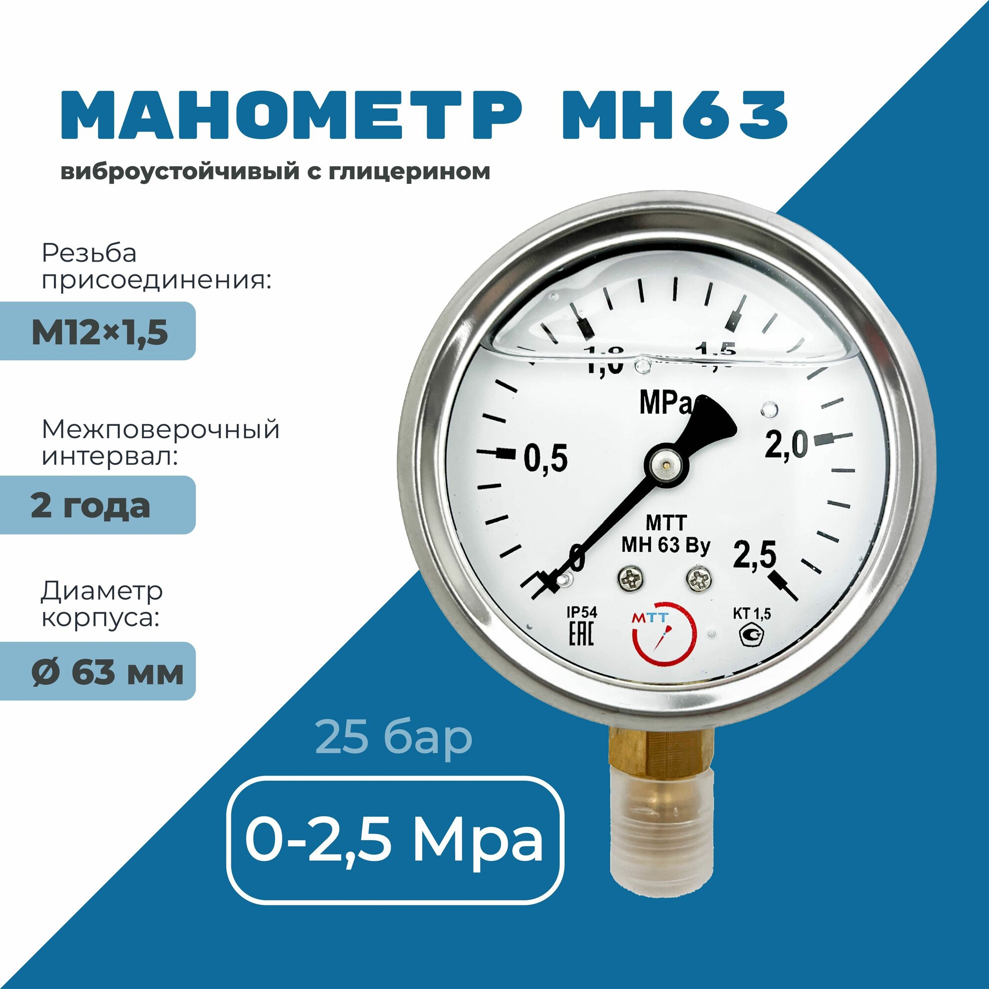 Манометр гидравлический вибростойкий МН63 от 0 до 2.5 МПа (25 бар), резьба М12х1,5 класс точности 1,5 диаметр корпуса 63мм, поверка 2 года