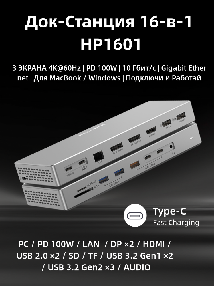 Док-станция 16-в-1 Type-C (HP1601): 3 монитора 4K@60Hz, PD 100W, 10 Гбит/с, Gigabit Ethernet, для Mac/Windows
