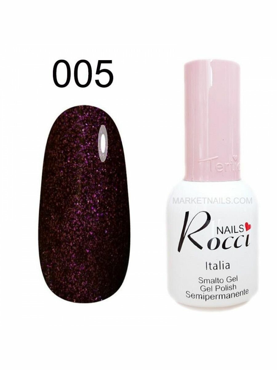 Tertio, Гель лак Rocci Nails №005 Черный с блестками 10 мл