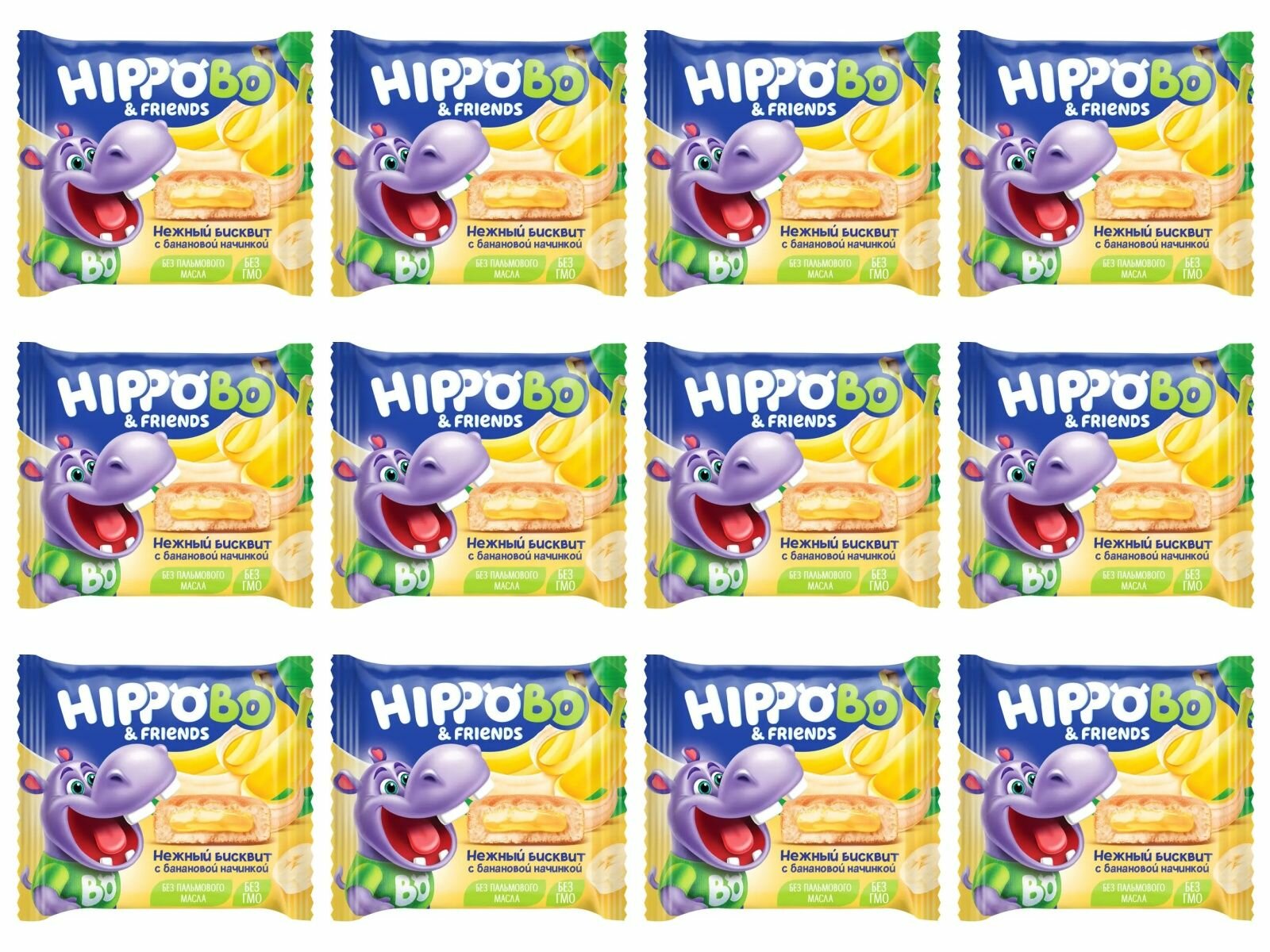 HIPPO BONDI & FRIENDS Бисквитное пирожное с банановой начинкой, 32 г, 12 шт.