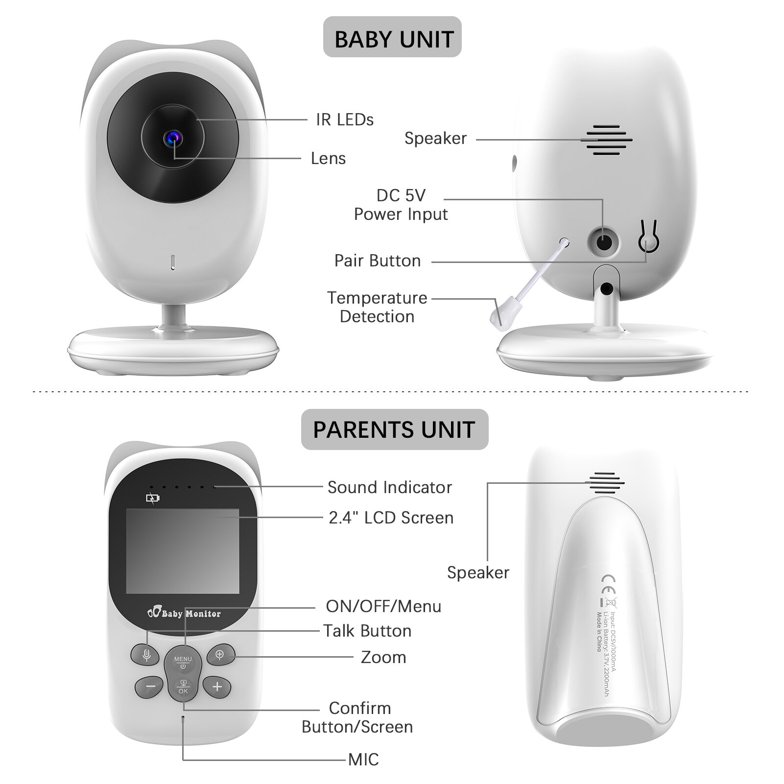 Беспроводной детский монитор, цифровая камера, видеомонитор для детей с 2,4-дюймовым ЖК-экраном, передача данных в помещении на расстояние до 50 м, поддержка двусторонней связи, определение температуры в помещении, ИК-но