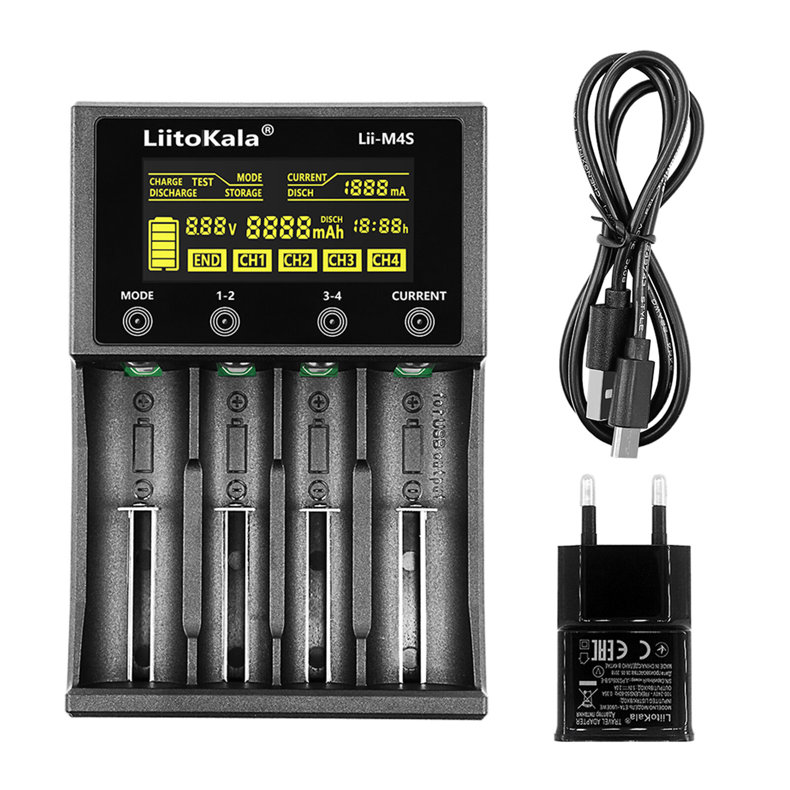 LiitoKala lii-M4S 4-слотовый интеллектуальный зарядное устройство для аккумуляторов 18650 с LCD-дисплеем, сенсорным управлением, подходит для аккумуляторов: 18650, 18490, 18350, 17670, 17500, 16340, 14500, 10440, AA, AAA, C, 26650, 26350, 25500, 21700