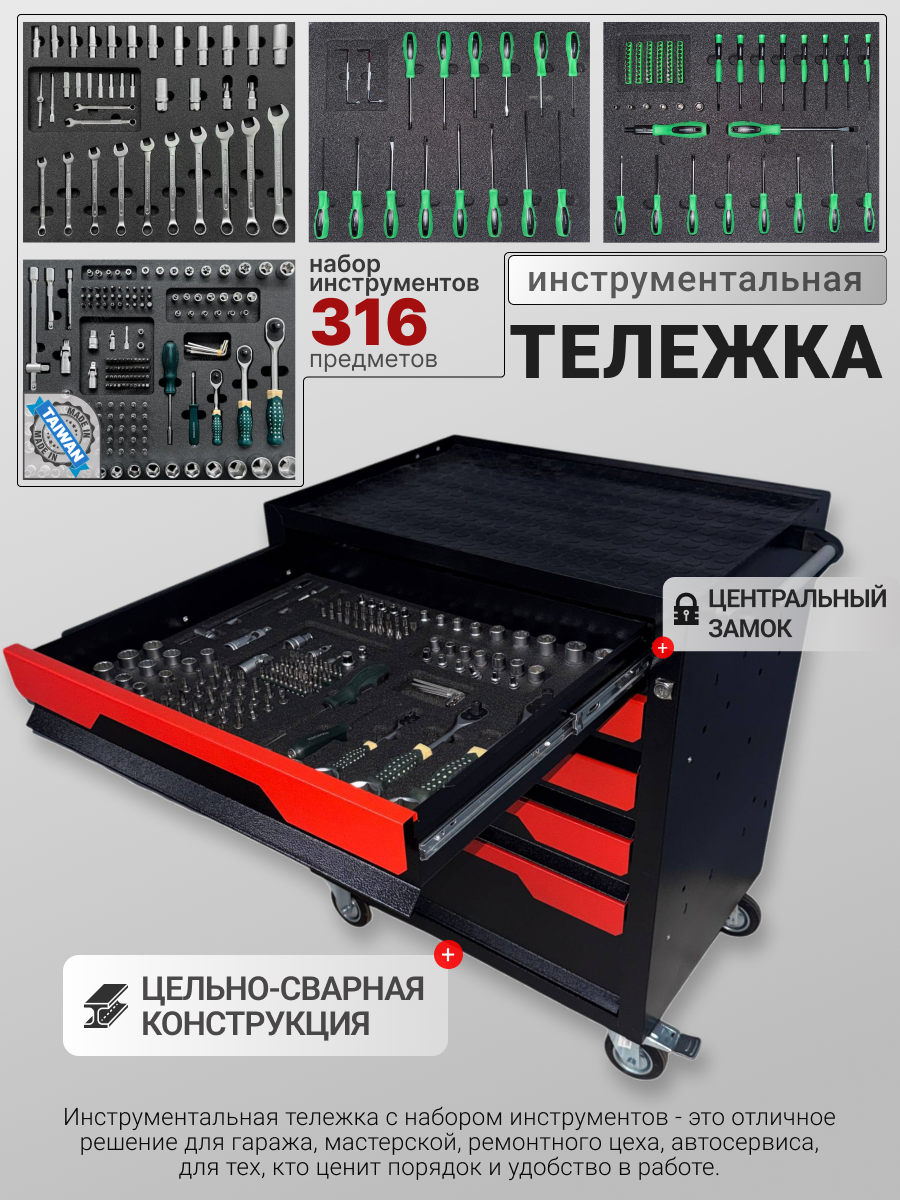 Тележка инструментальная с замком и набором инструментов Rock Force 316 предметов в Мягких ложементах