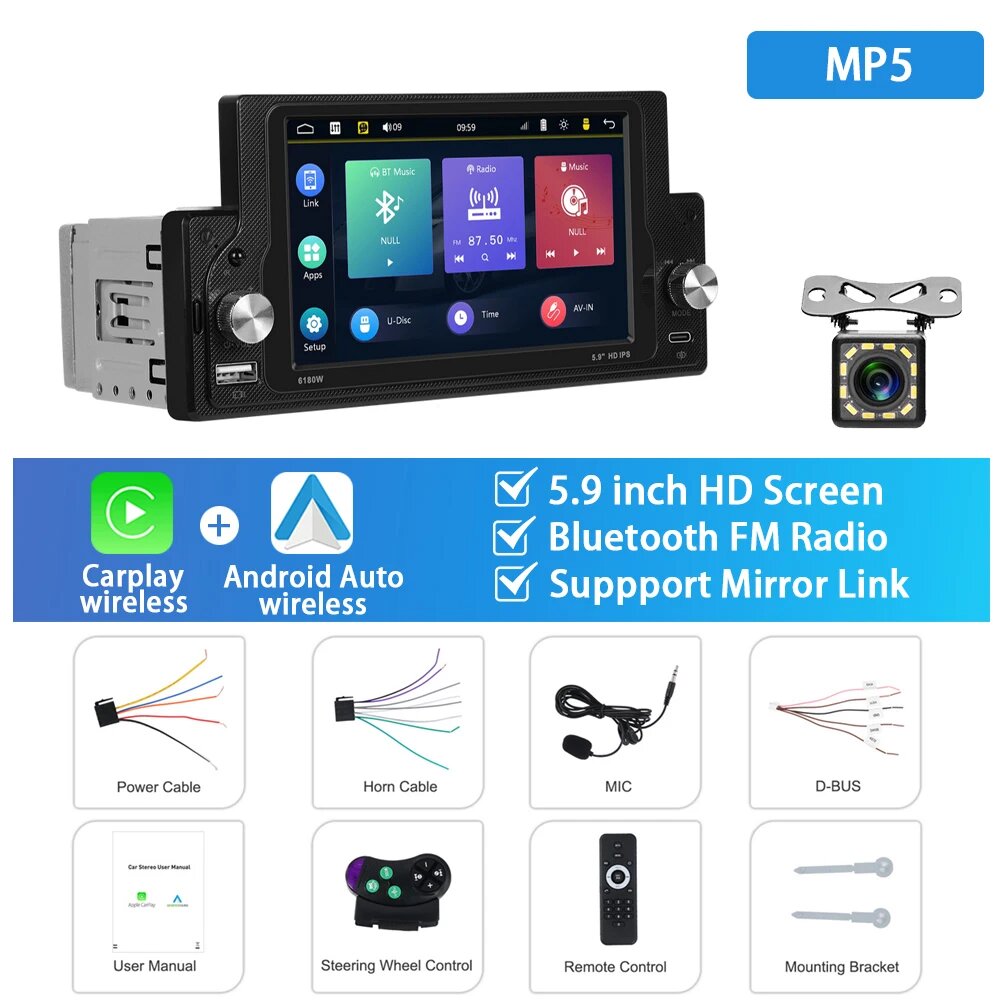 Podofo 5,9 дюйма MP5/2 + 64G Android Автомобильный радиоприемник Мультимедийный Wireless Carplay CAM