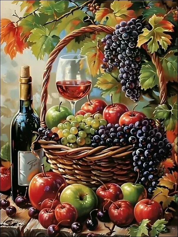 Эксклюзивный набор для творчества с вином и фруктами 30x40 см, алмазная картина "Фруктовый натюрморт"