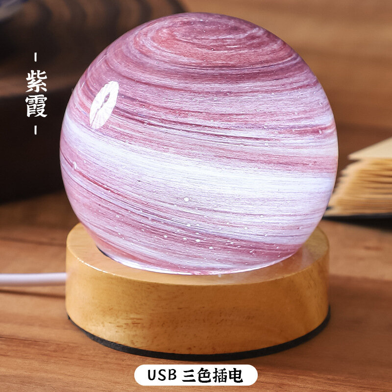 Встроенный светильник-ночник "Звездное небо" с абажуром Planet Lampshade на деревянной основе, аккумуляторный ночник Type-C, подарочный светильник Aurora Glass