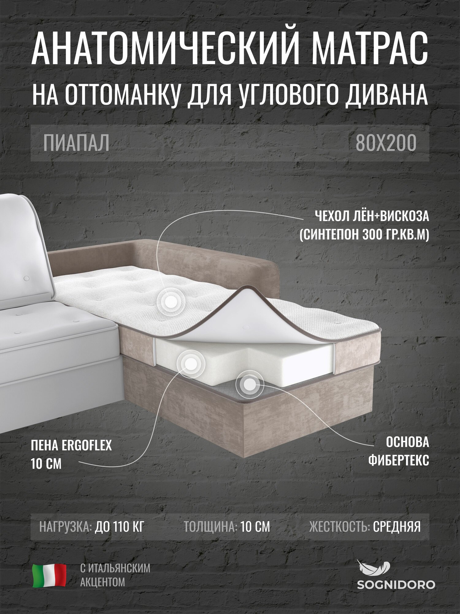 Матрас на оттоманку углового дивана 80х200х10, анатомический Пиапал, беспружинный
