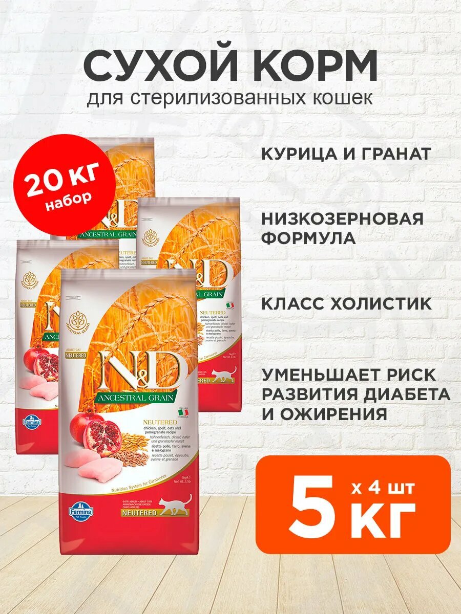 Корм сухой Farmina Cat N&D Ancestral Grain Neutered Chicken & Pomegranate низкозерновой для взрослых кастрированных котов и стерилизованных кошек, курица, гранат, 5 кг 4 шт