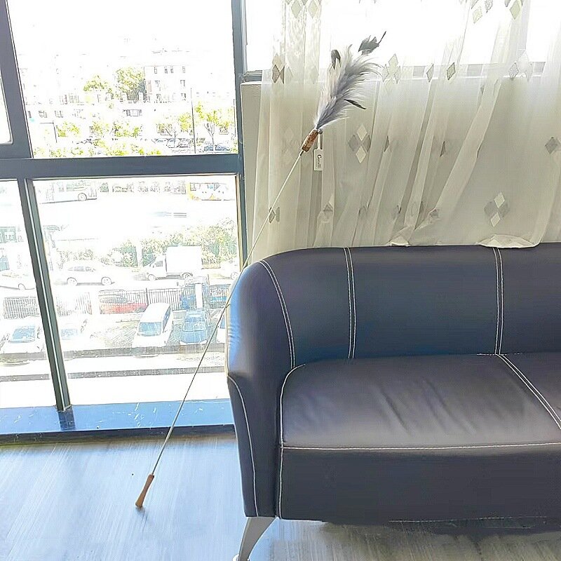 Кошачья игрушка супер-длинный стек с куриным хвостом/страусиные перья. Коктейльный цветок кошачий палец серый (не