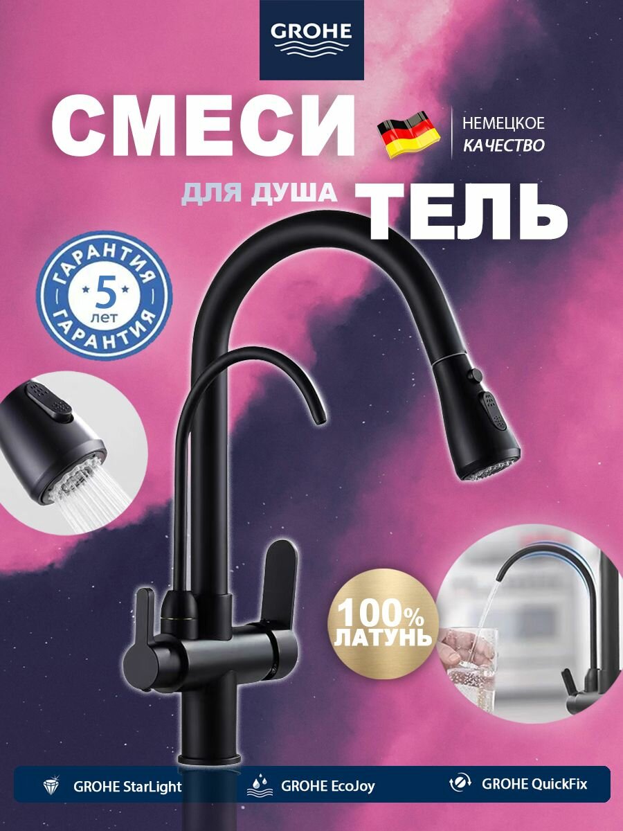GROHE Смеситель для кухни с выдвижным гибким изливом кран чёрный