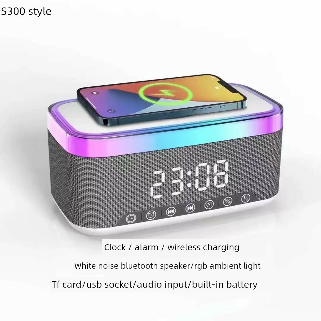 Черно-серый держатель S300 с беспроводной зарядкой, Bluetooth-колонкой, часами и подсветкой