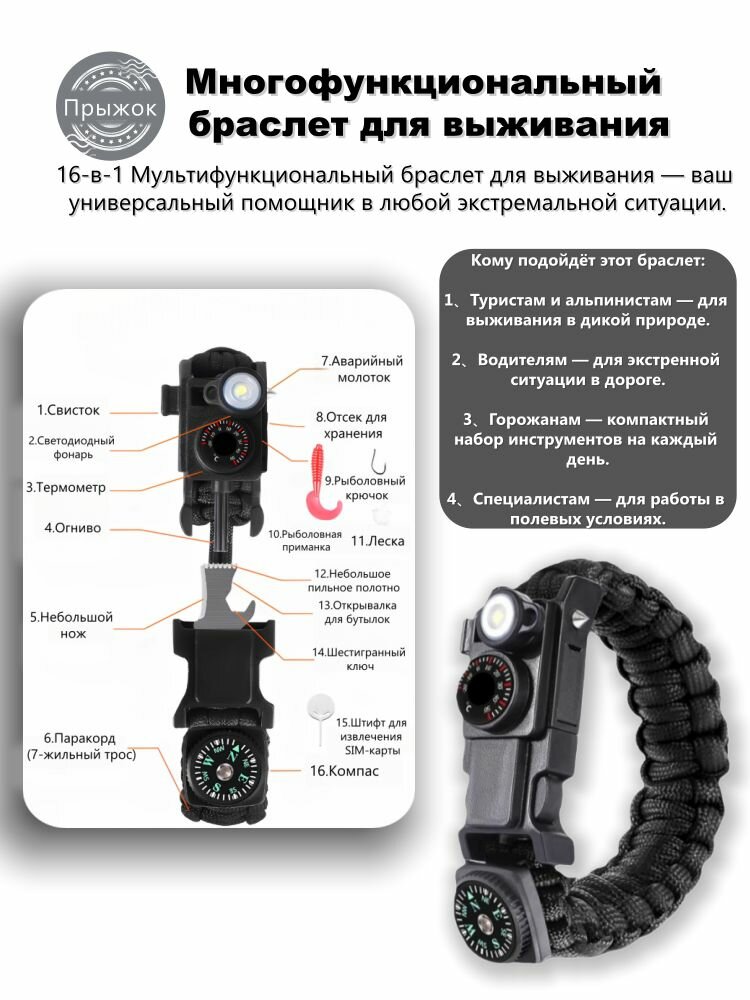 Браслет для выживания "Многофункциональный", чёрный, 16 в 1, 100 г