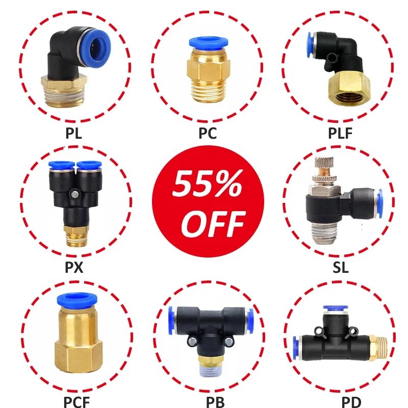 Соединительные фитинги для пневматических шлангов 4/6/8 мм PL, 6-01 (6mm-1l8)