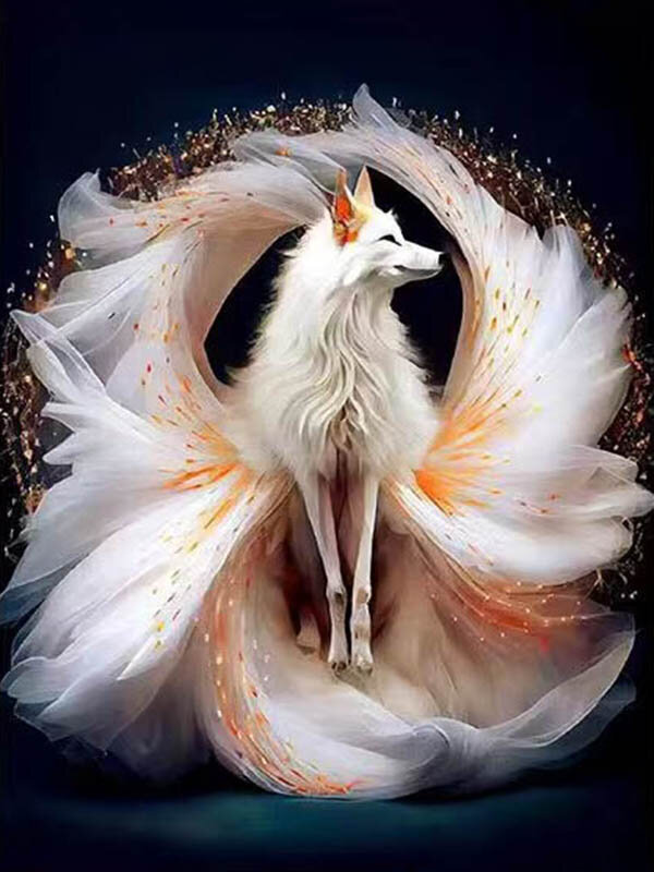 Набор для самостоятельной вышивки алмазами 5D Девятихвостая лиса - круглая алмазная мозаика размером 40x50 см для украшения стен дома,40X50CM, белый