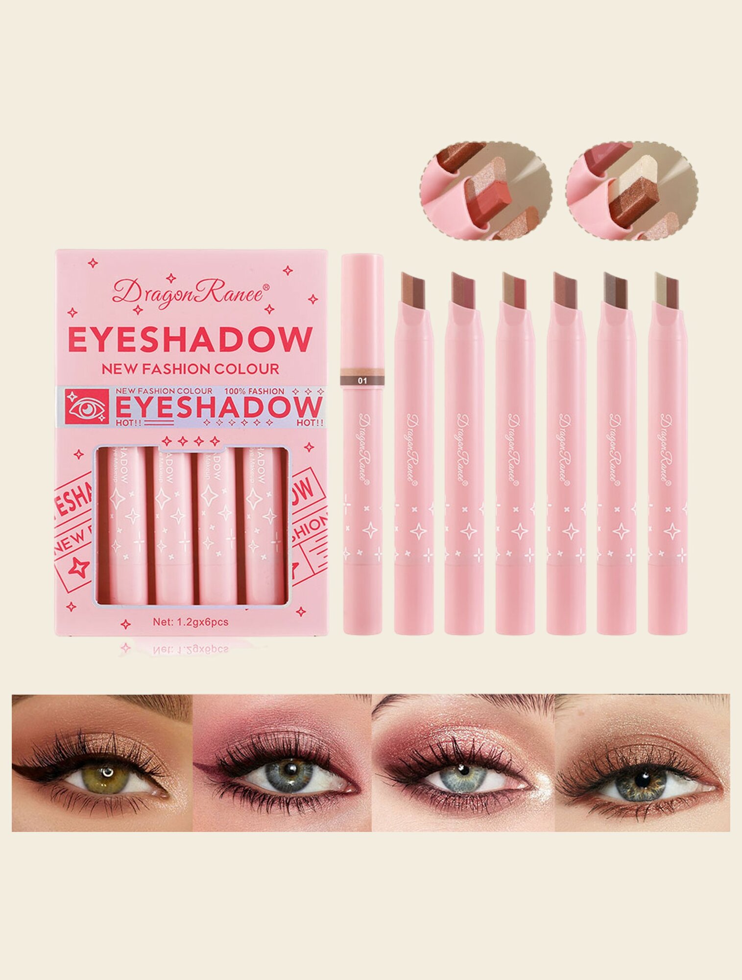 Двухцветные тени-карандаши для век Dragon Ranee 2в1, набор из 6 штук