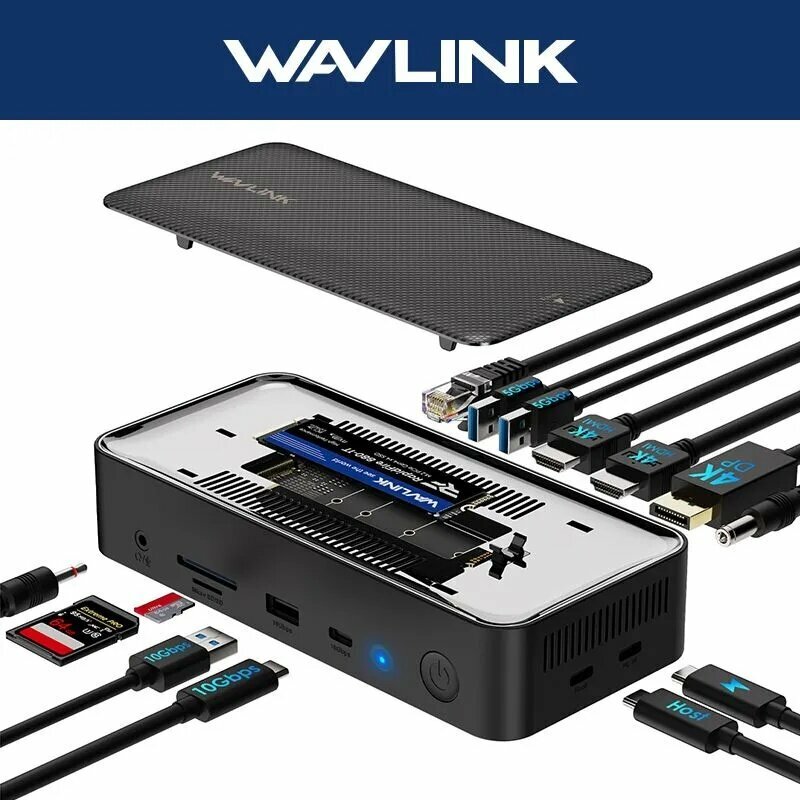 Док-станция WAVLINK 13-В-1 USB C с тройным дисплеем, концентратор Type C, 10 Гбит / с, SSD-накопитель M.2 PCIe / SATA, 4K @ 60 Гц, HDMI / DP