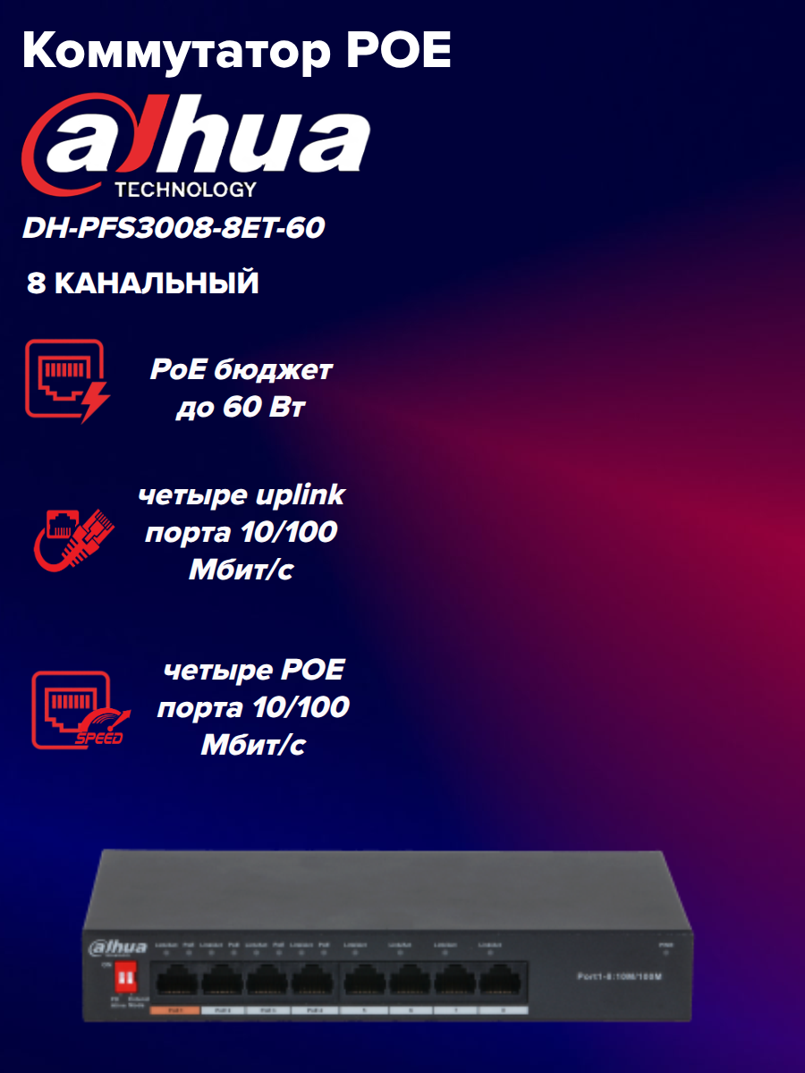 Коммутатор Dahua DH-PFS3008-8ET-60 8-портовый неуправляемый с РоЕ