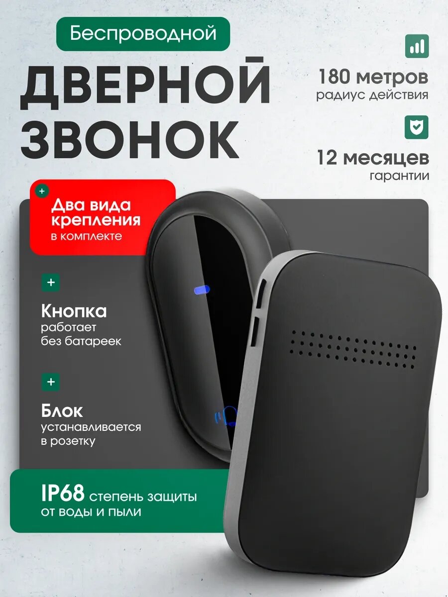 Звонок беспроводной черный，Беспроводной звонок, черный, влагозащищенный, радиус действия 180 м