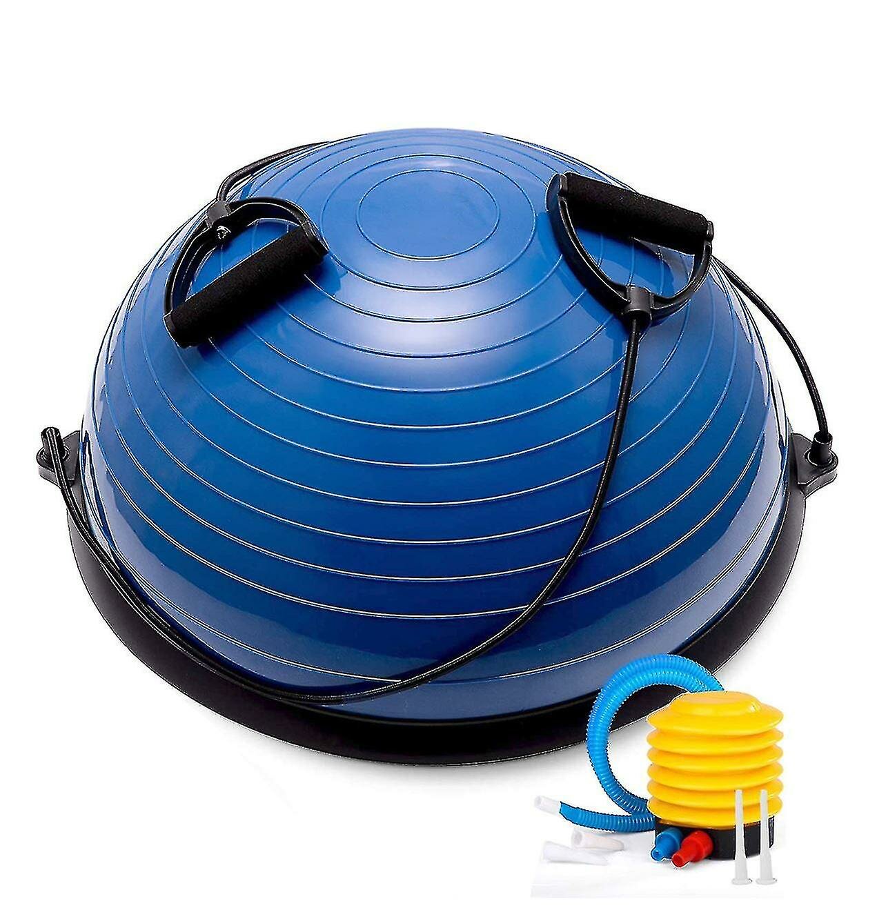 Голубой домашний тренажер Balance Ball диаметр 58см для йоги, пилатеса и фитнеса с wobble board, насосом, 2 эластичными стежками, базой из ABS, емкостью 200 кг, упаковка включает 1 мяч, насос, пробку, стежки