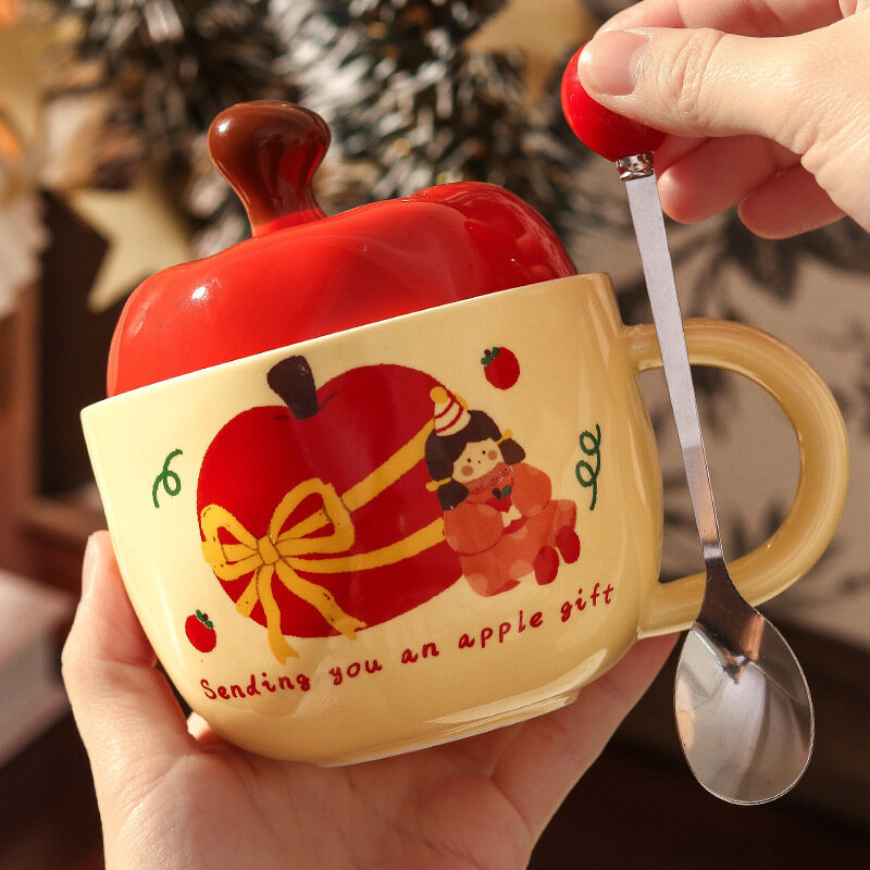 Милая кружка с изображением девочки-яблока из мультфильма, кружка для лучшей подруги с крышкой, высококачественная керамическая кружка для воды, подарок на день рождения.
