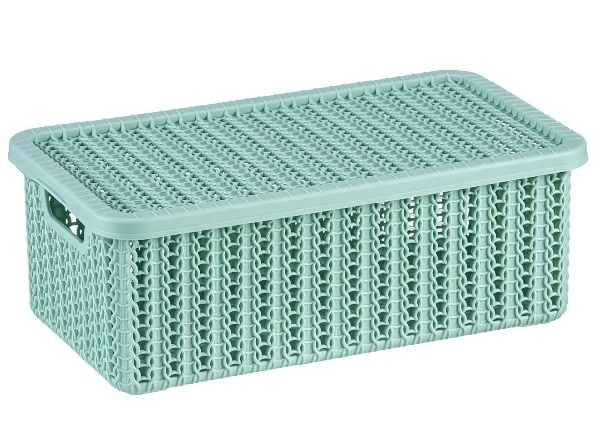 Корзина для хранения 6л с крышкой, пластик, фисташковый, декор "вязание спицами"